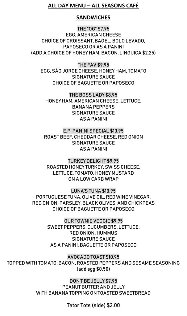 Menu - All Sesons Cafe